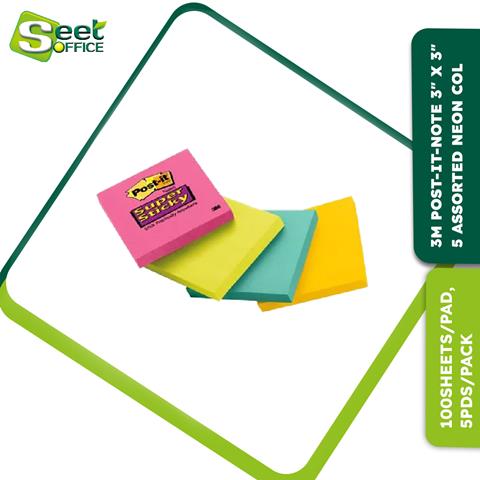 3M POST-IT-NOTE 3" X 3" 5 ASSORTED NEON COL 100SHEETS/PAD, 5PDS/PACK ...