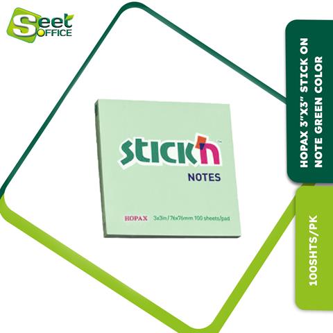 HOPAX 3"X3" STICK ON NOTE GREEN COLOR 100SHT/PK - Seet Office Supplies ...